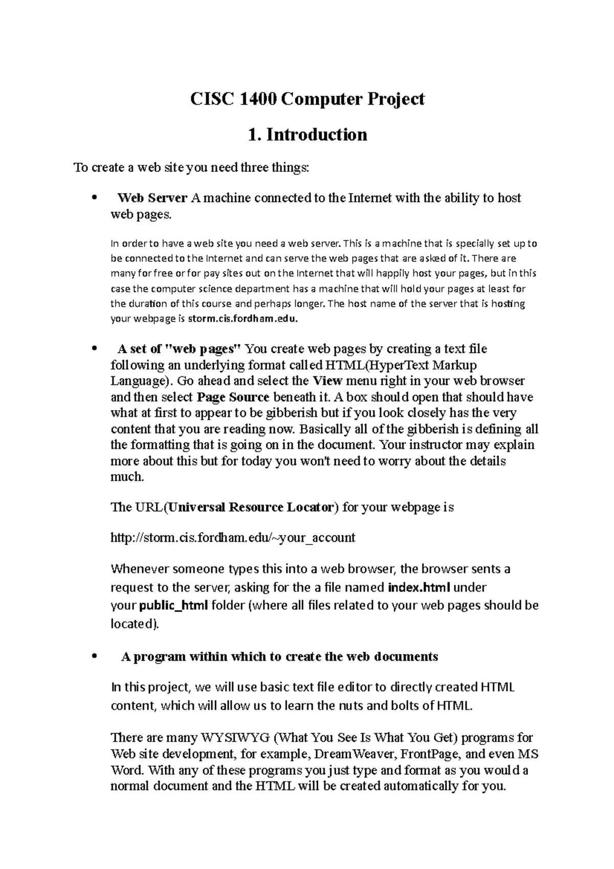 CISC 1400 Computer Project - CISC 1400 Computer Project 1. Introduction ...