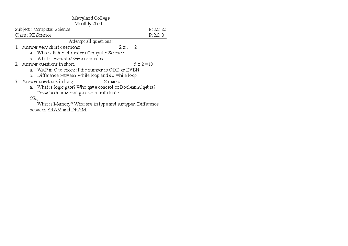 Merryland College Computer Science XI Monthly Exam Questions - Studocu