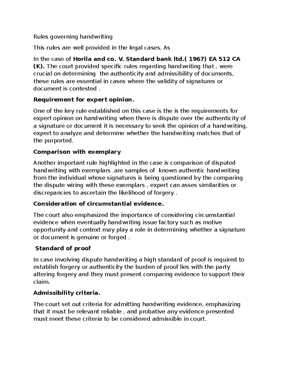 LAW 101 - Handwriting Evidence Summary and Key Legal Principles - Studocu