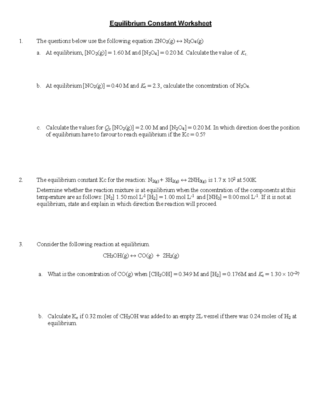 Equilibrium Constant Calculations Worksheet (Chem 101) - Studocu