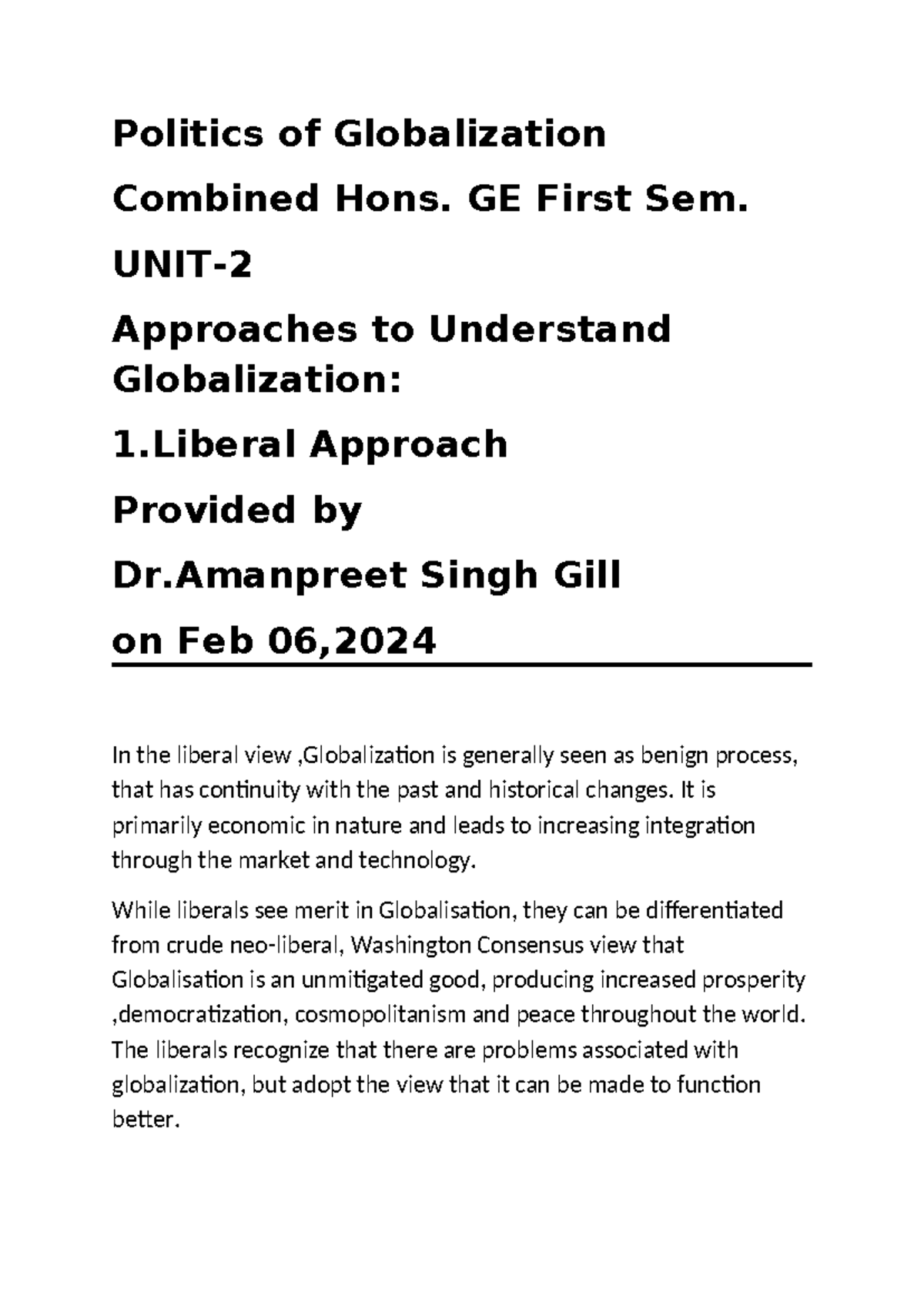 Liberal Approach to Globalization - Combined Hons. GE First Sem ...