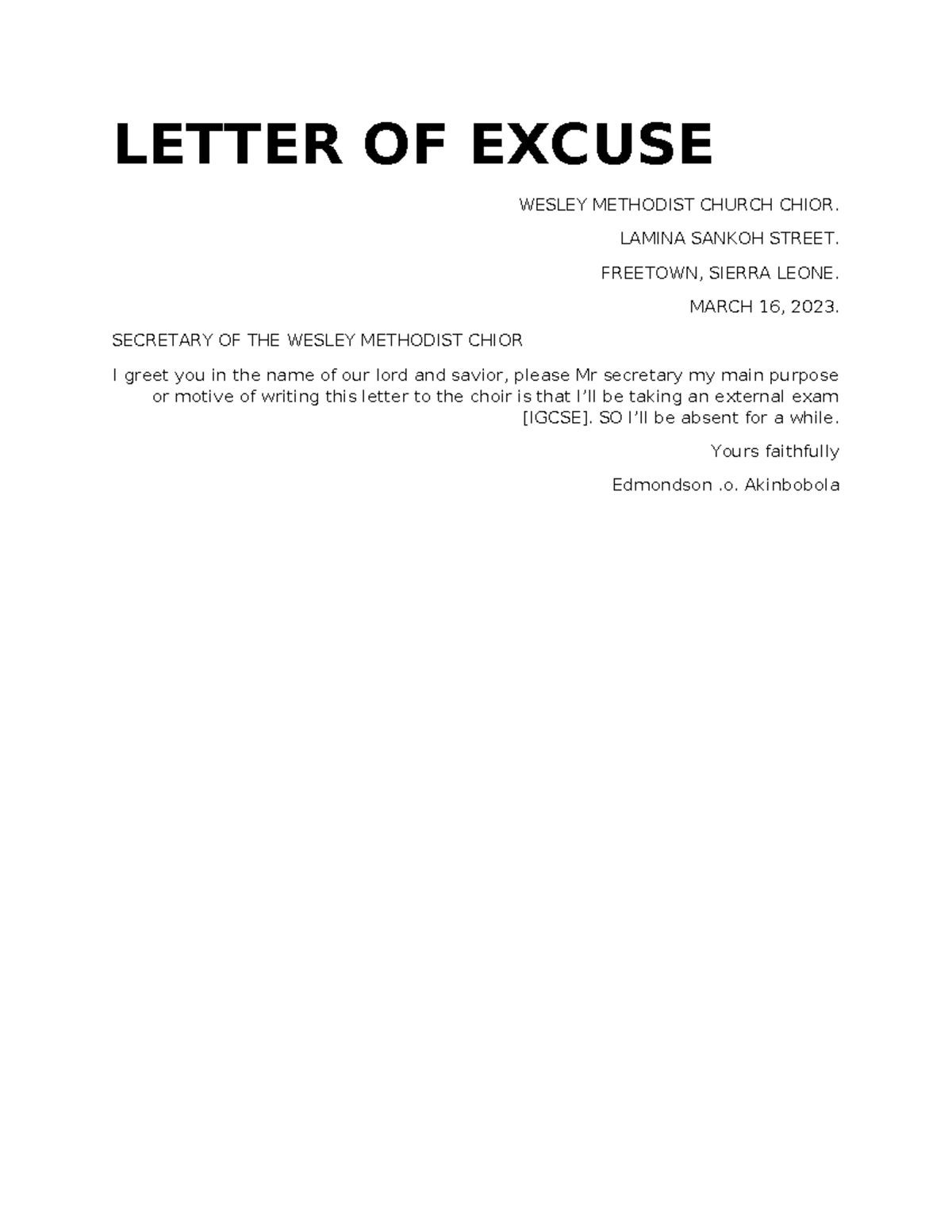Letter OF Excuse - cover page - Diploma in nursing - LETTER OF EXCUSE ...