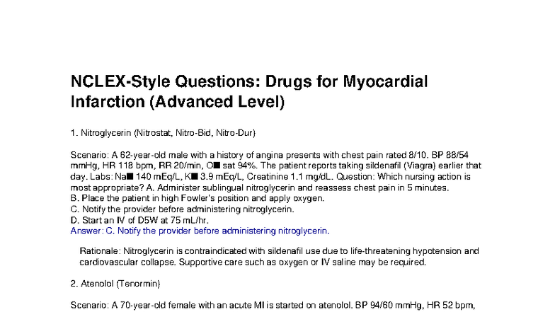 NCLEX Style Questions: MI Drugs (Advanced Level) - Studocu