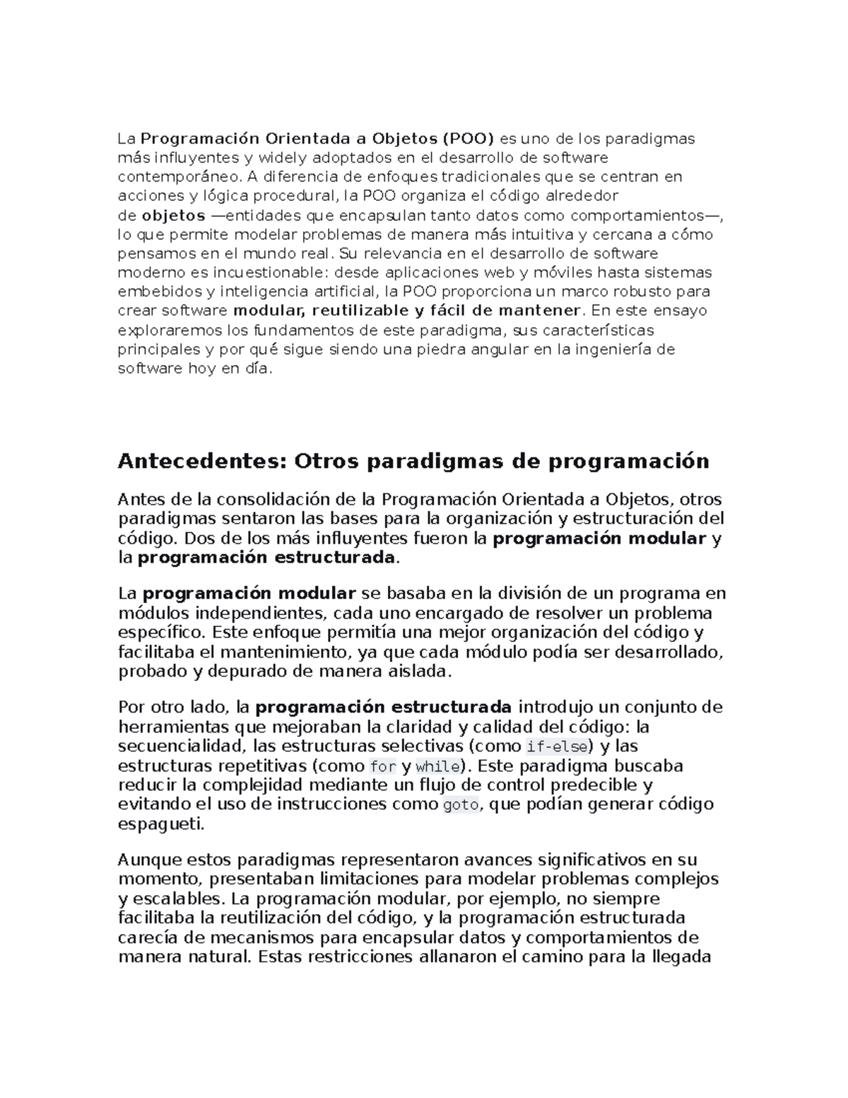 Ensayo sobre Programación Orientada a Objetos (POO) - POO 101 - Studocu