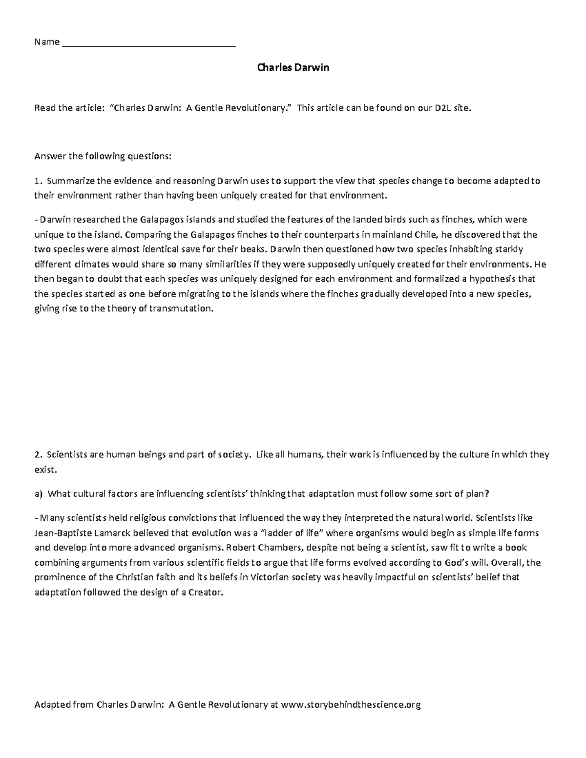 Charles Darwin Questions And Answers