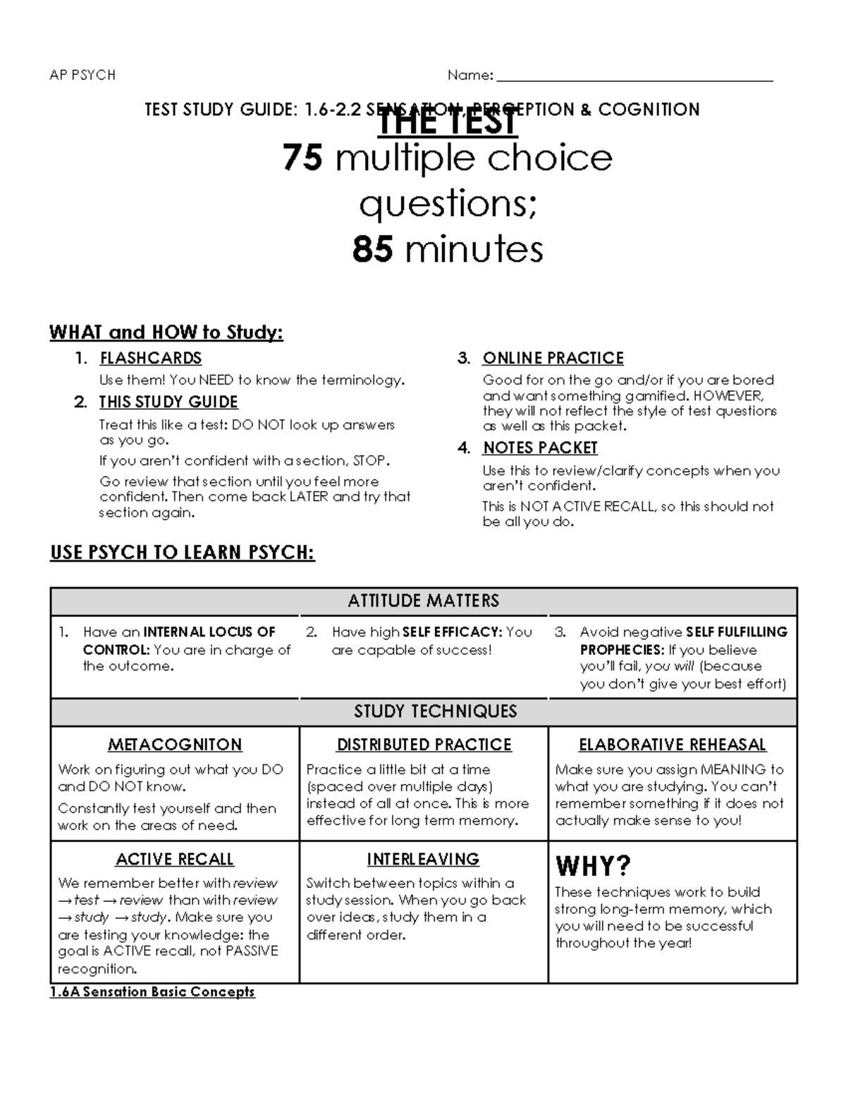AP PSYCH 1 Final Exam Study Guide: Sensation, Perception, Cognition ...