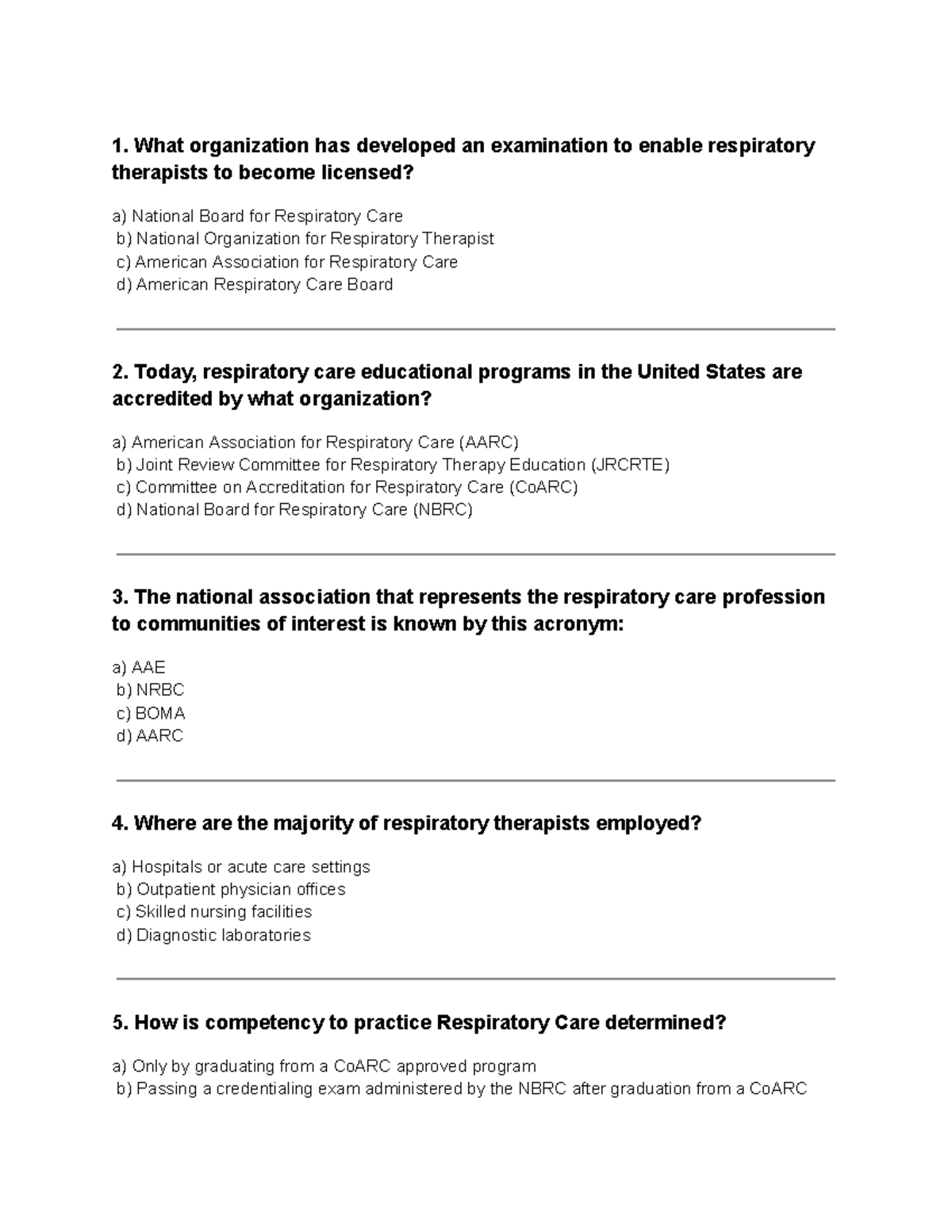Practice Quiz for Respiratory Therapy Licensure Exam (RT 101) - Studocu