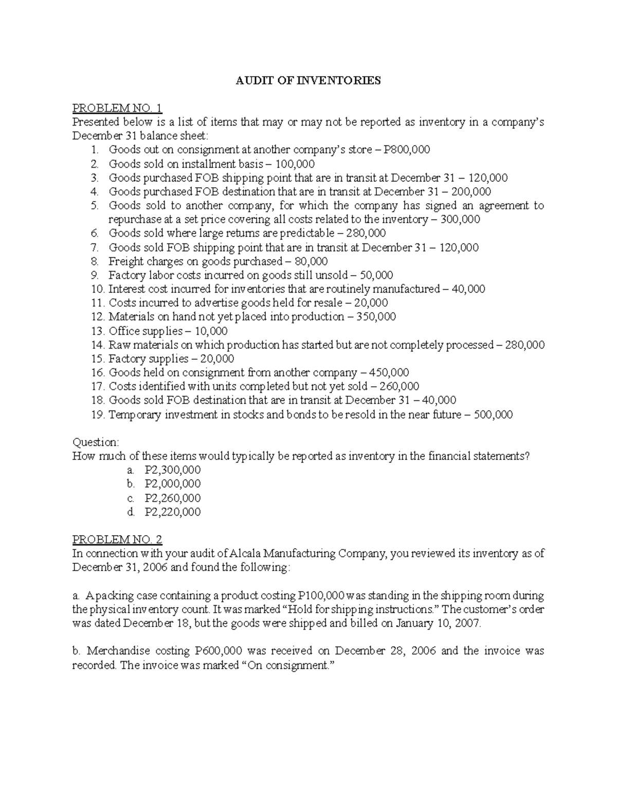 AUDIT OF INVENTORIES - SAMPLE TESTING (PROBLEM NO. 1-3) - Studocu