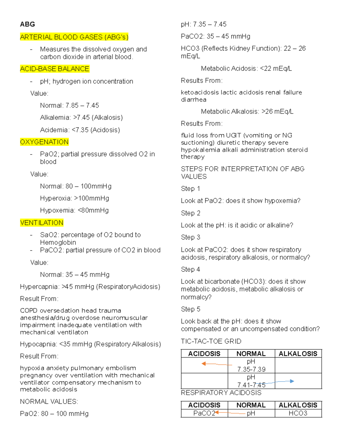 ABG & Respiratory Treatment: Understanding pH, PaCO2, and HCO3 - Studocu
