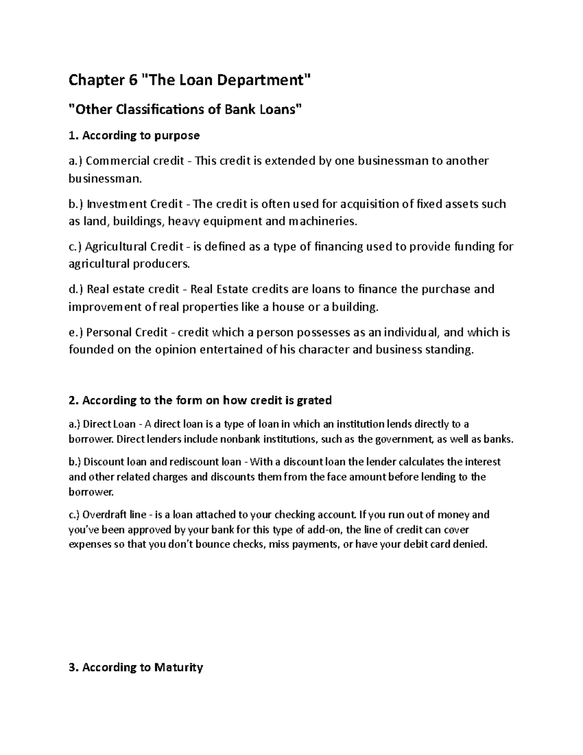 Chapter 6 Review: The Loan Department and Loan Classifications - Studocu