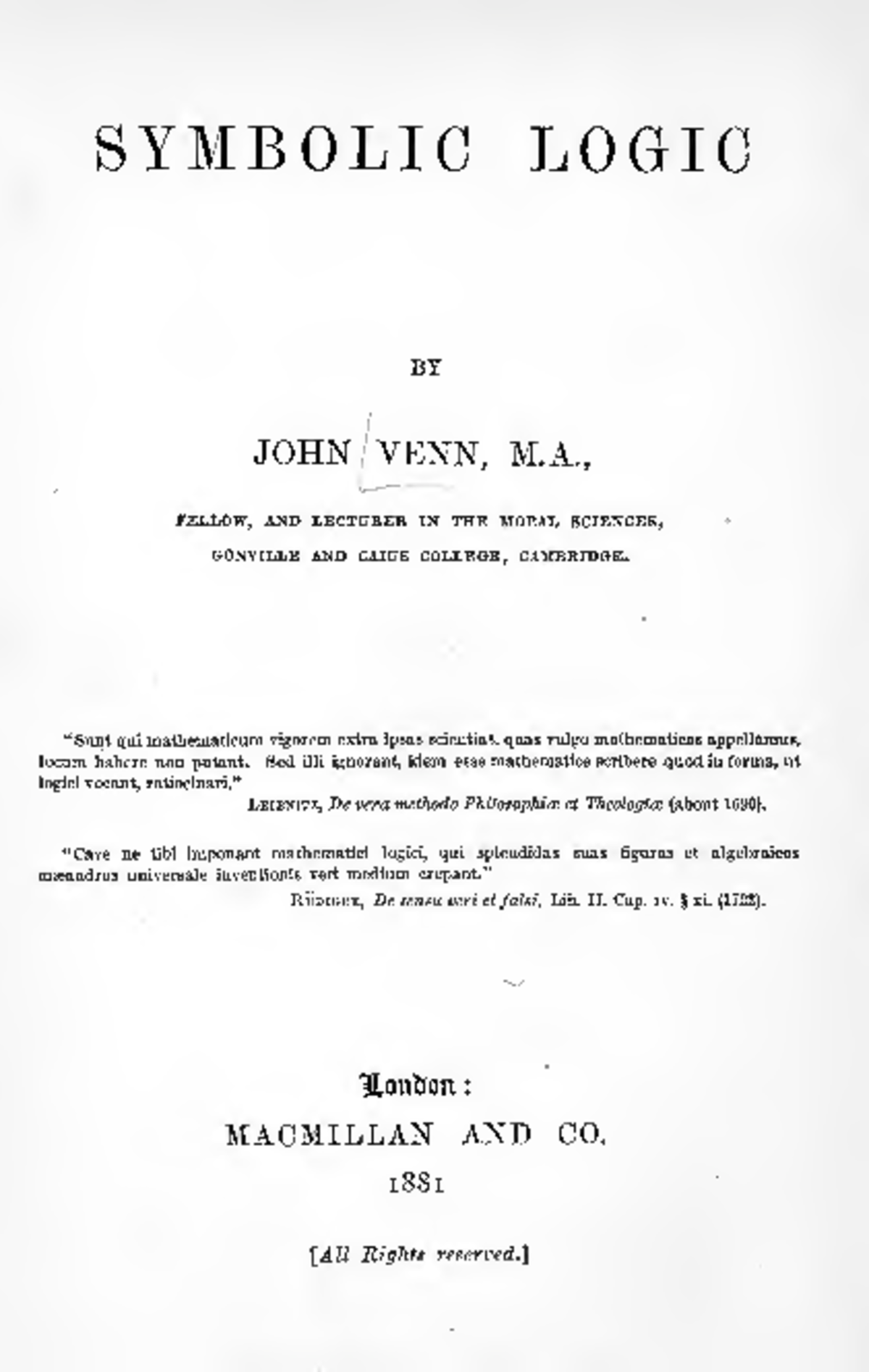 Venn (1881) Diagrammatic representation - SYMBOLIC LOGIC BY JOHN VENN ...