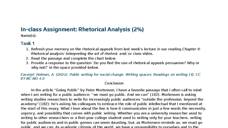 Rhetorical Analysis Assignment: Task 1 & 2 Insights - Studocu