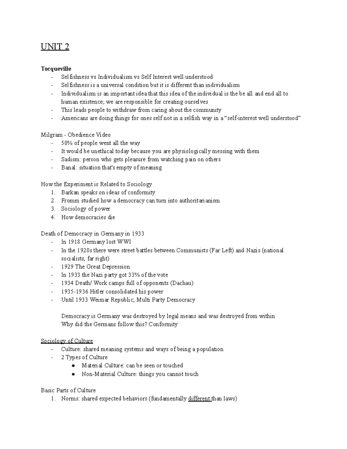 Sociology Unit 2: Key Concepts on Tocqueville, Culture, and Health ...
