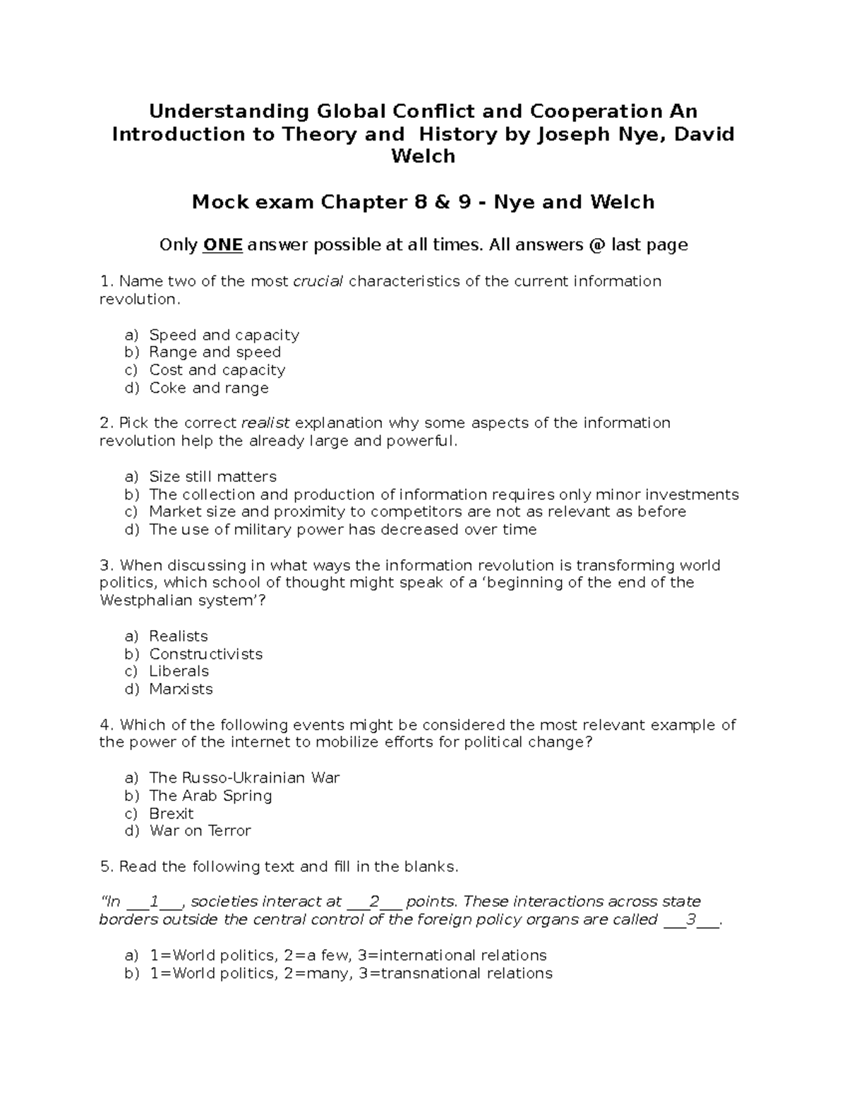 Mock Exam for Understanding Global Conflict & Cooperation (Nye/Welch ...