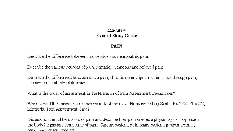 Nursing Module 4: Exam 4 Study Guide on Pain & Breast Assessment - Studocu