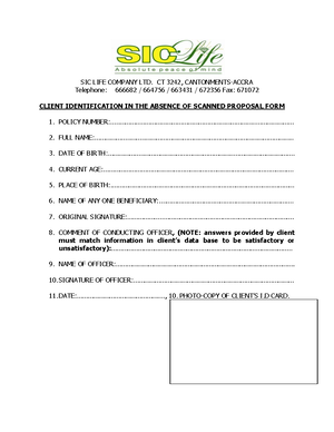 Claim Application Form E payout 1 - SIC LIFE COMPANY LIMITED P.O CT 3242 – CANTOMENTS – ACCRA ...