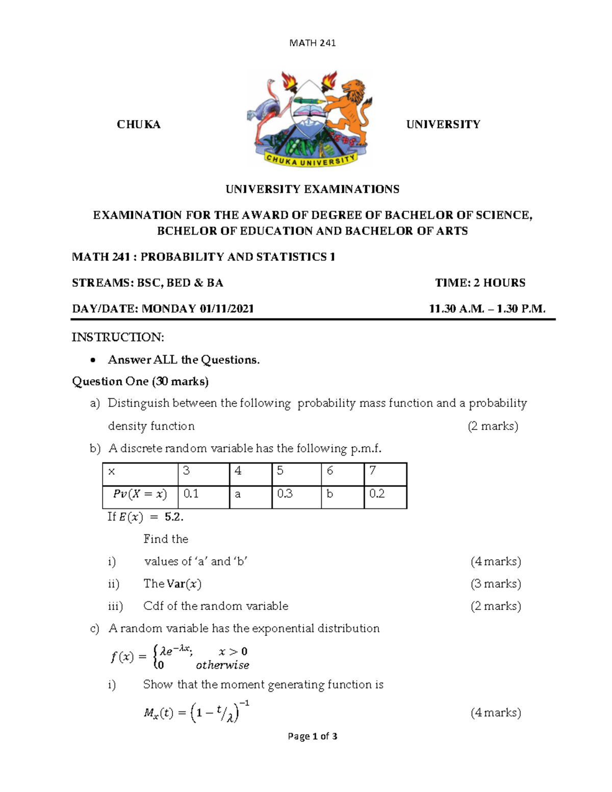 Object oriented analysis and design - MATH 241 Page 1 of 3 CHUKA UNIVERSITY UNIVERSITY ...