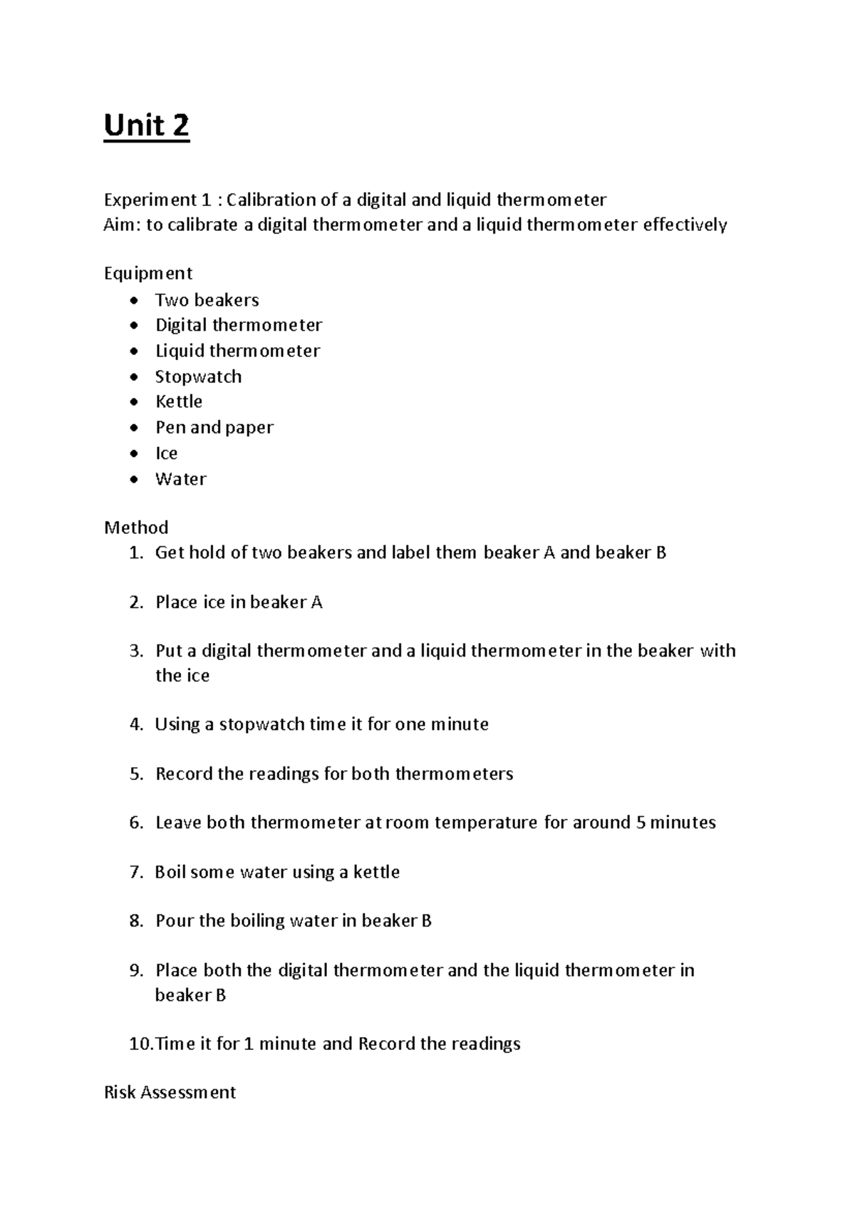 Unit 2b Assignment Unit 2b Unit 2 Experiment 1 Calibration Of A 0725
