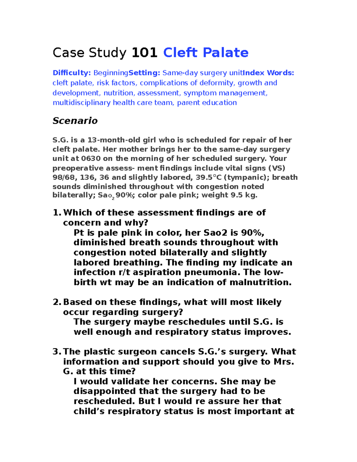 Case Study 101 Cleft Palate- Student 12-4-20 - Case Study 101 Cleft Palate Difficulty: - Studocu