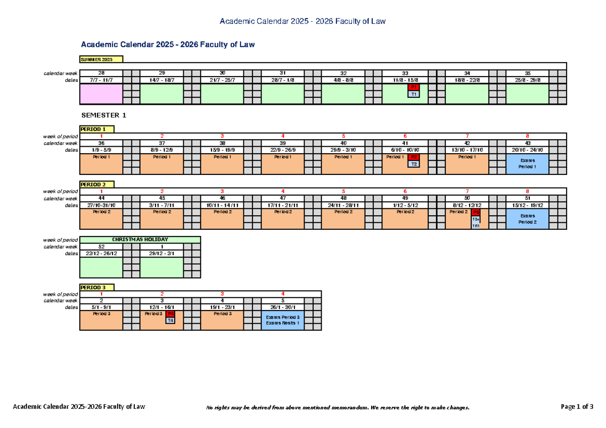 Academic Calendar 2025-2026 for Faculty of Law (Summer & Semesters ...