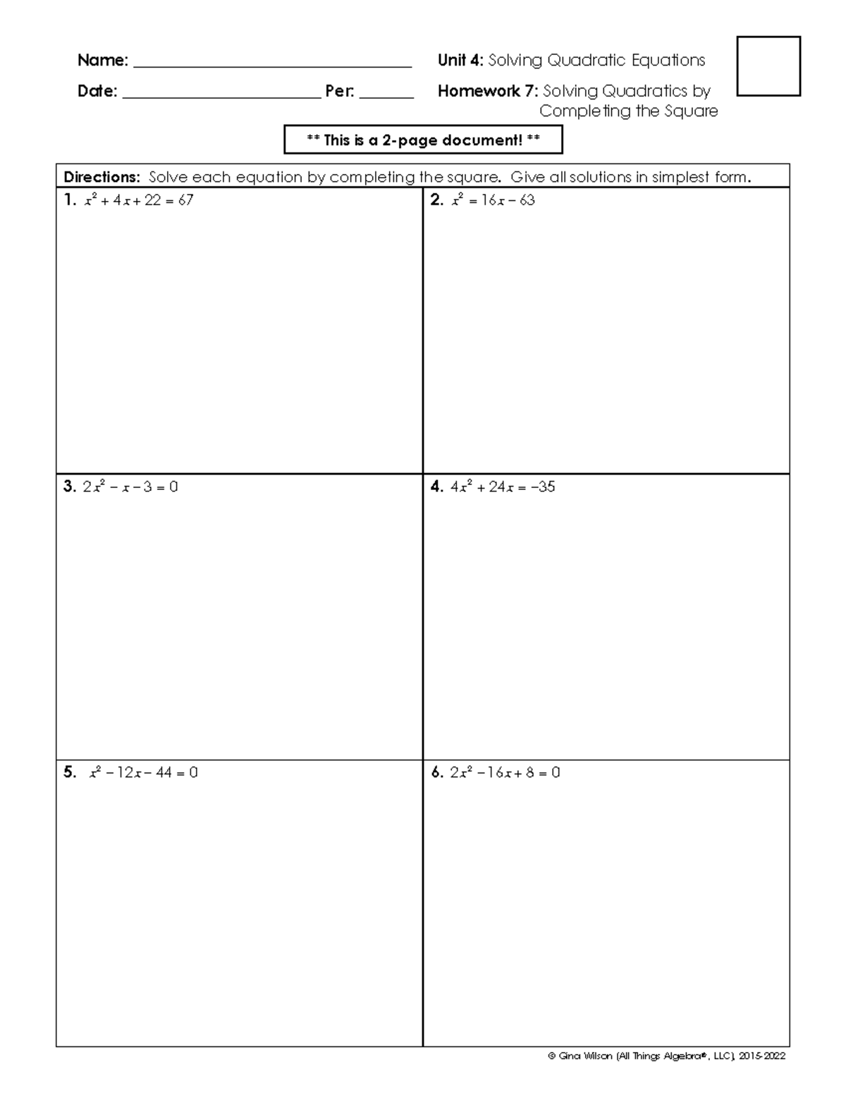 Unit 4: Homework 7 - Completing the Square for Quadratics - Studocu