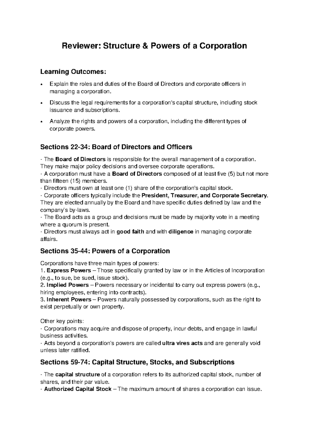 Revised Corporation Code Reviewer: Powers & Structure Analysis - Studocu