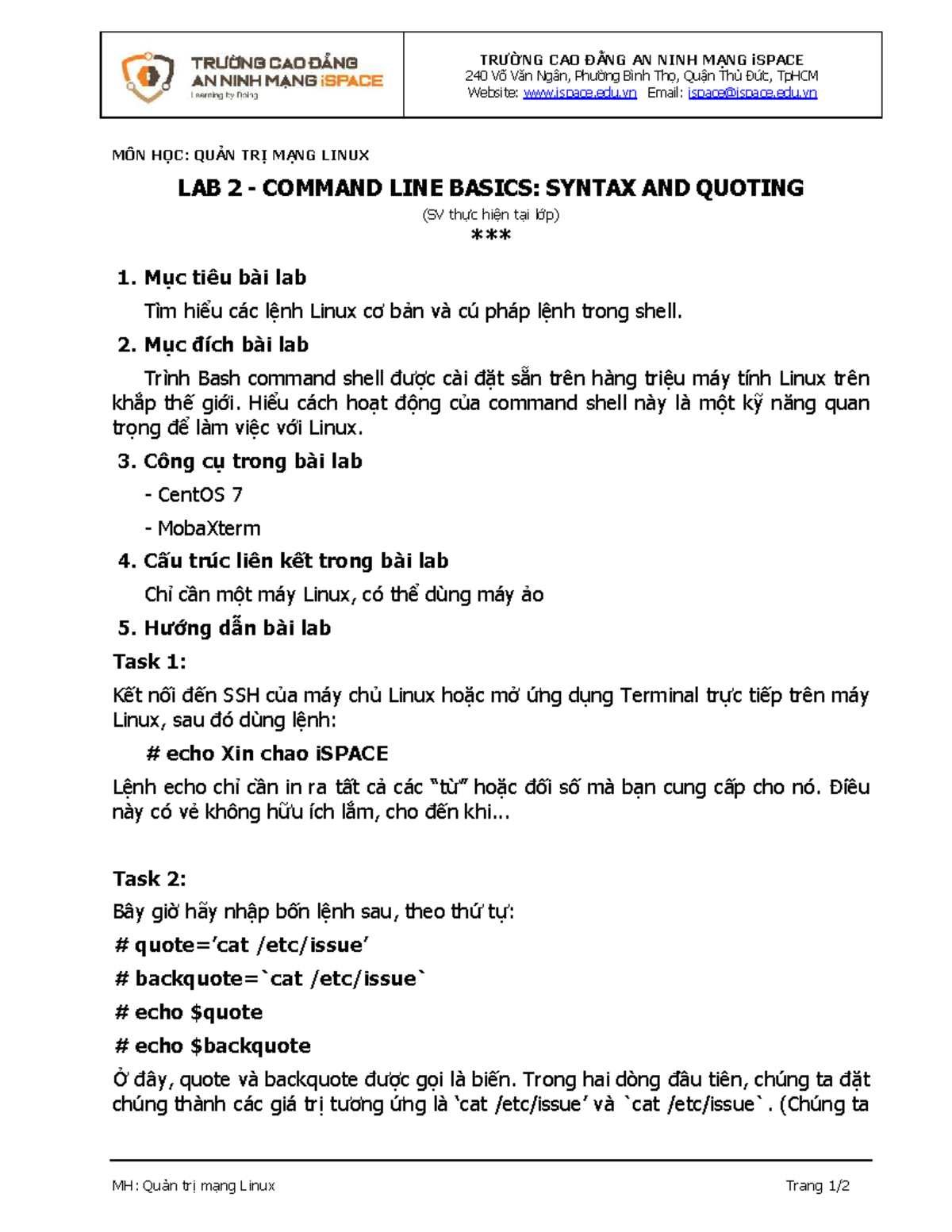 QUẢN TRỊ MẠNG LINUX LAB 2: CƠ BẢN VỀ CÚ PHÁP VÀ TRÍCH DẪN - Studocu