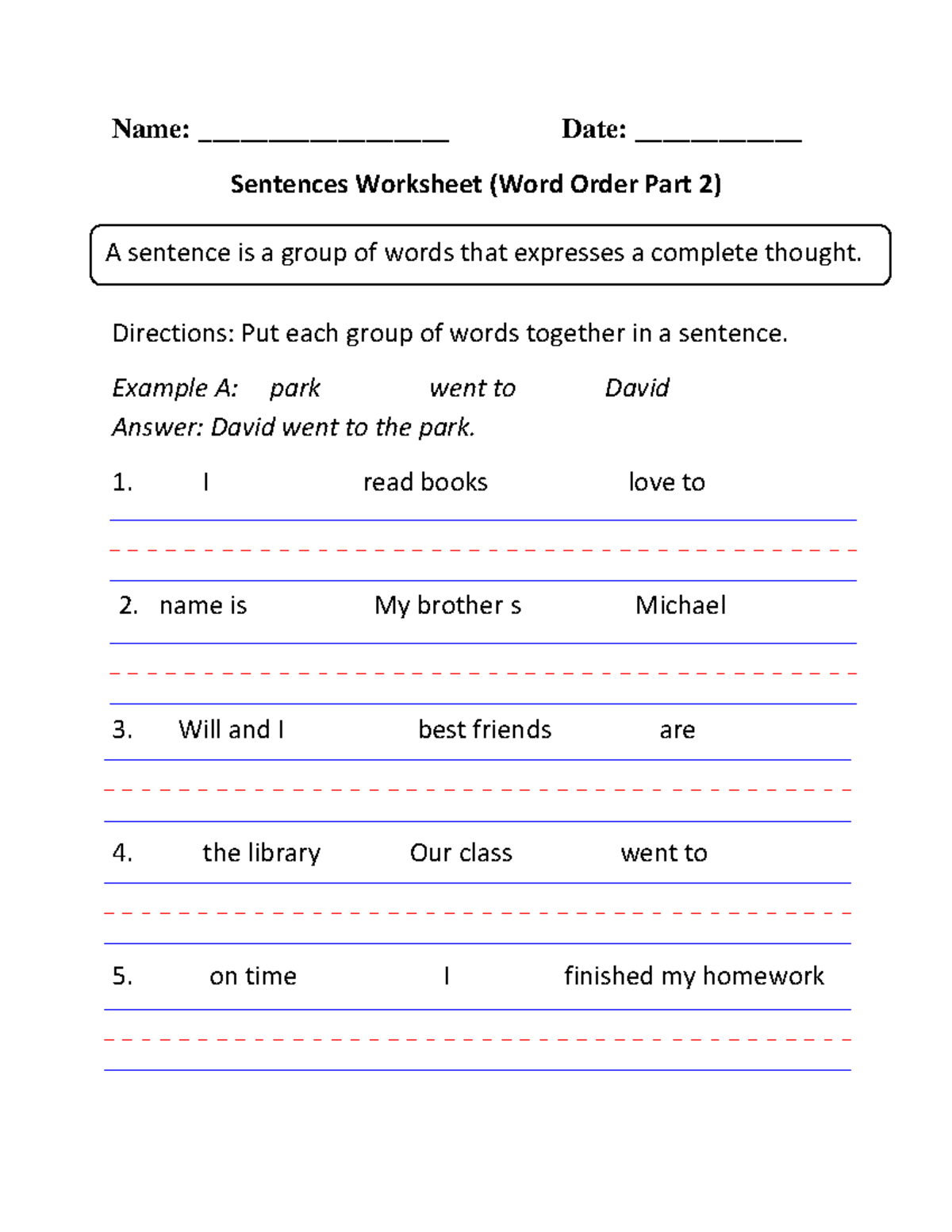 Sentence Worksheet for Grade 1 - education - Name ...