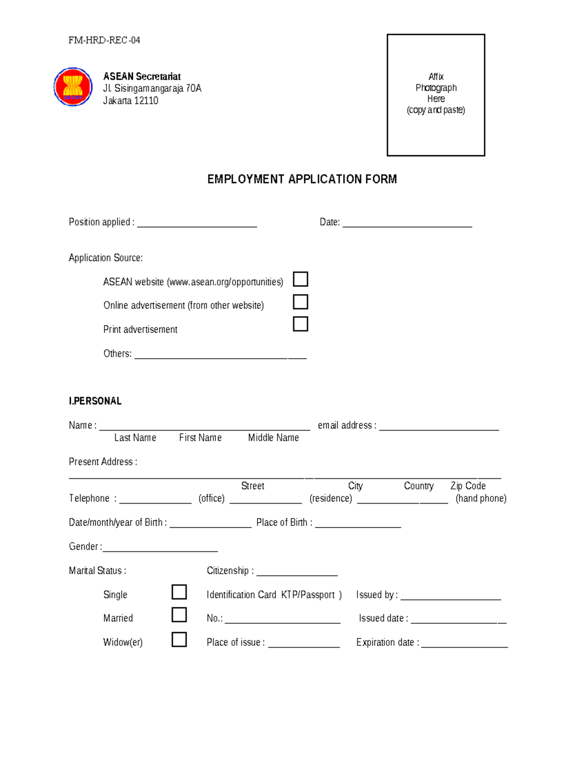 ASEAN Employment Application Form 2022 - ASEC Job Application - Studocu