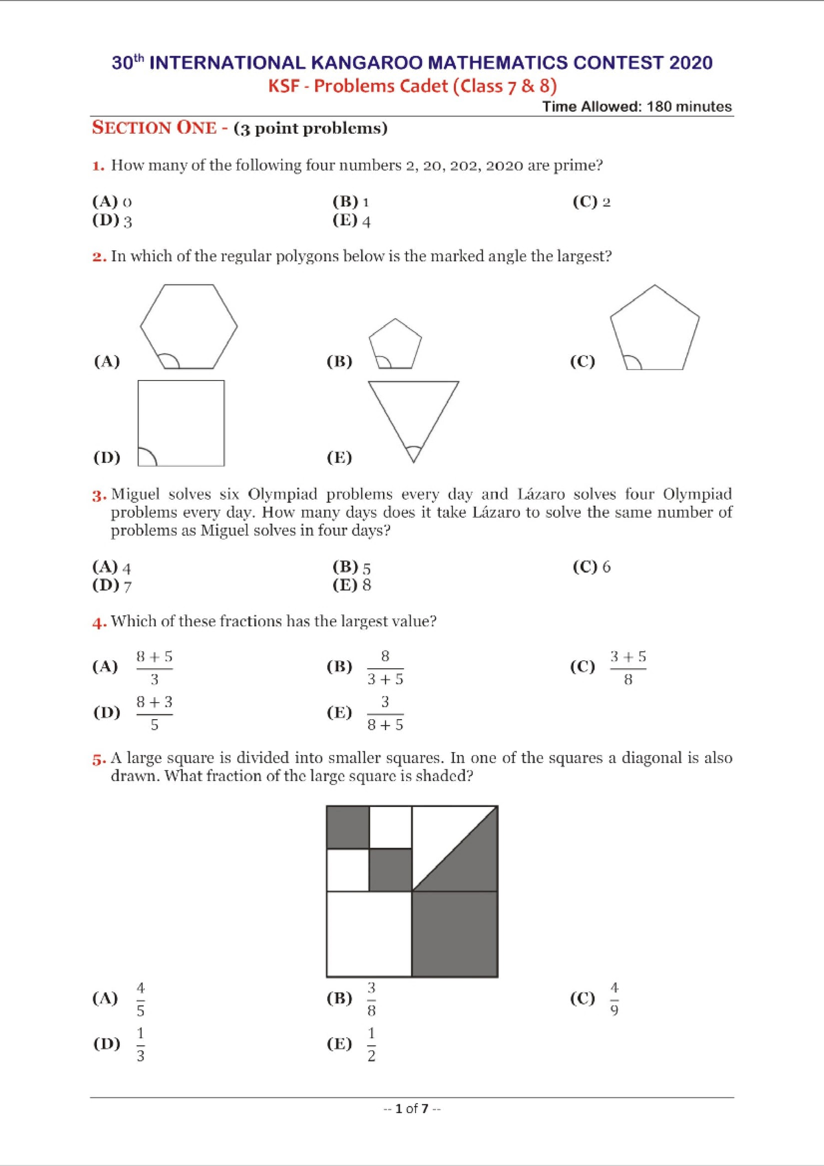Ikmc 2020 - International Kangaroo Math Contest KSF Cadet Problems ...