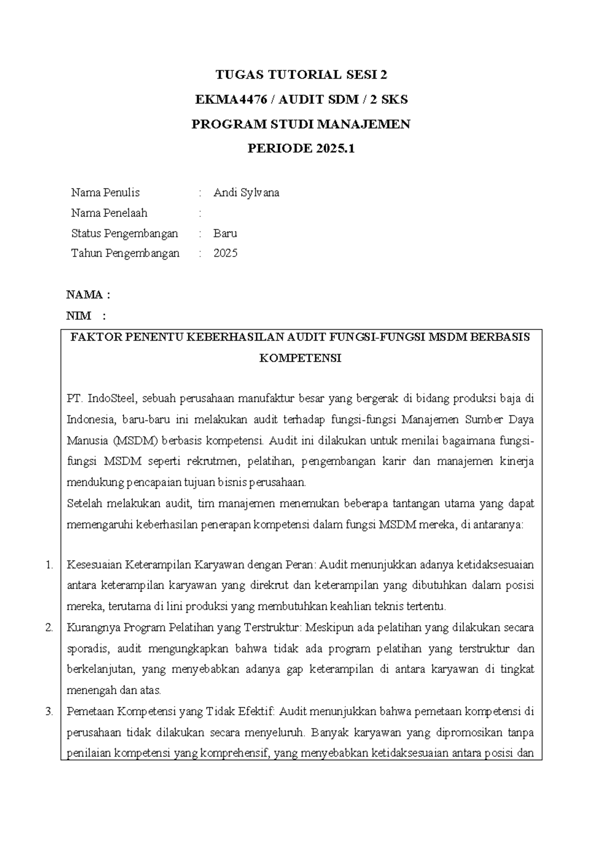 TUGAS 2 - AUDIT MSDM EKMA4476 2025.1: Faktor Penentu Keberhasilan - Studocu