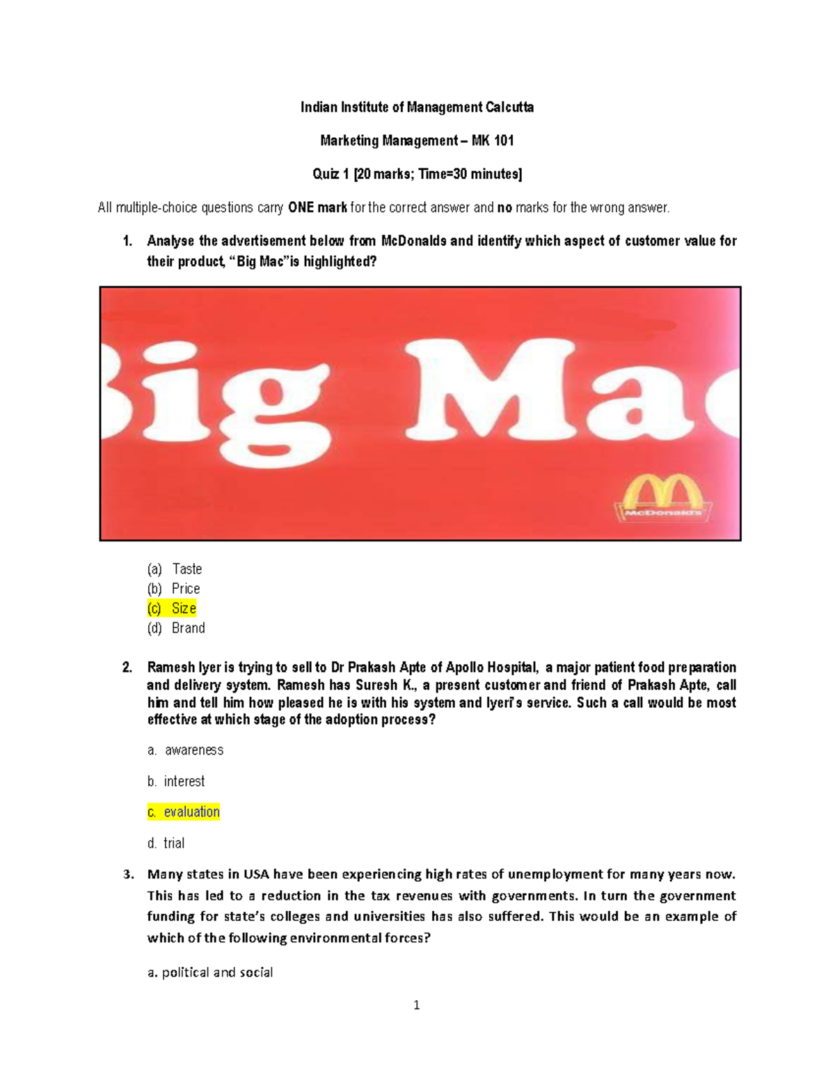 MK 101 Final Quiz 1 - Marketing Management Multiple Choice Questions ...