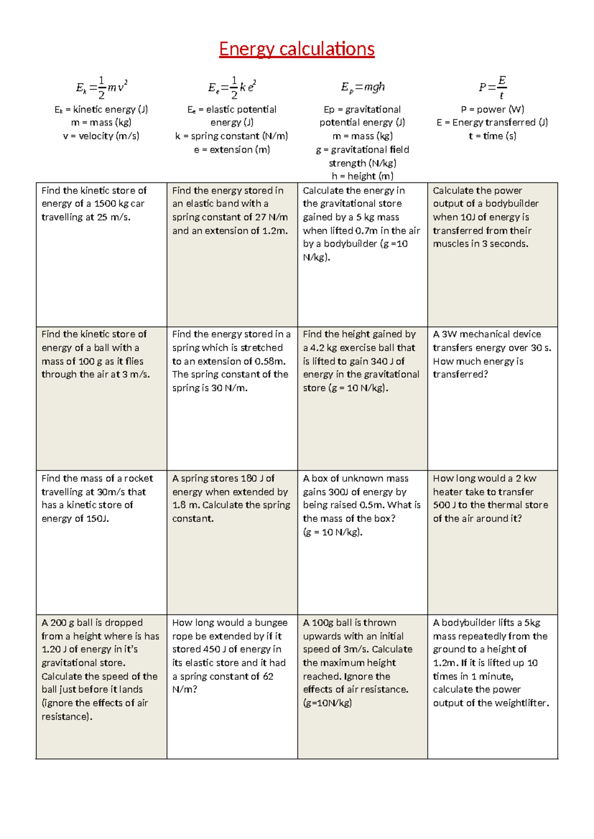 Worksheet: Energy Calculations KS4 - Kinetic, Potential & Power - Studocu