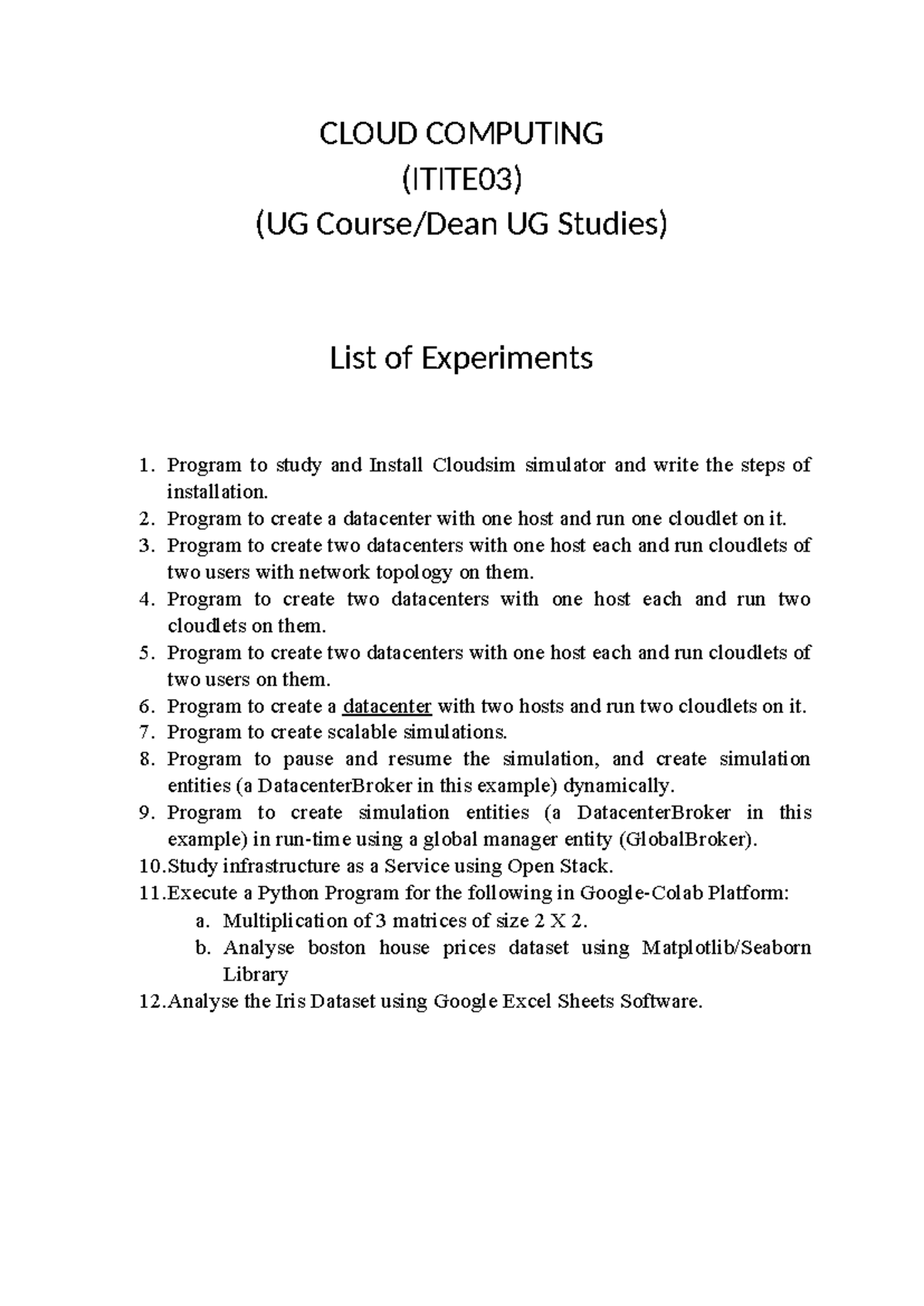 Cloud Computing Lab Experiments (ITITE03) - Practical Assignments ...