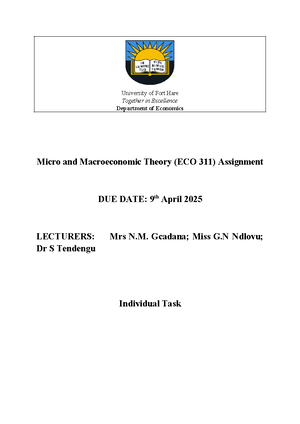 EDE 221-E TUT 1 Tutorial Questions August 2024 - DEPARTMENT OF ECONOMICS –ALICE & EAST LONDON ...