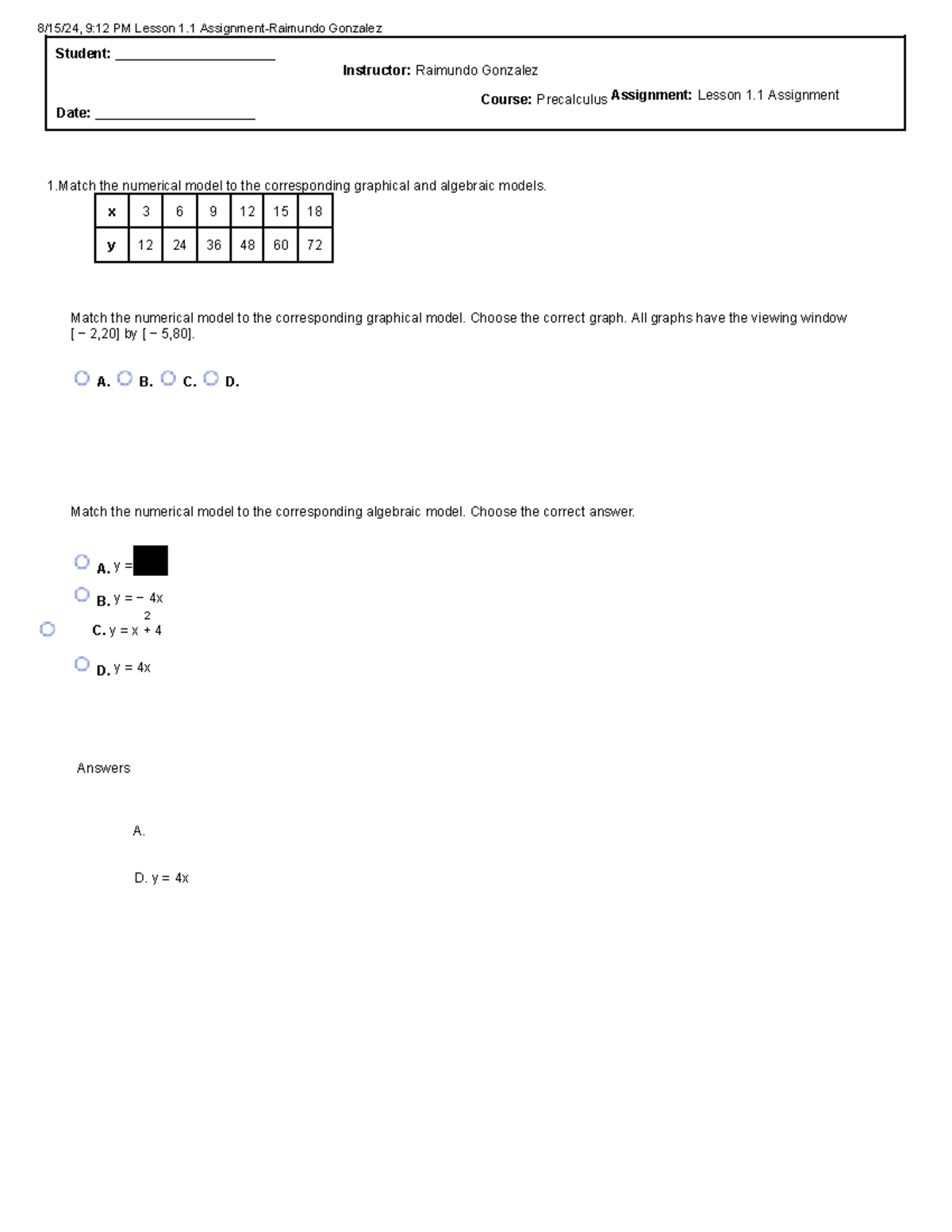 Lesson 1.1 Assignment w answers - 8/15/24, 9:12 PM Lesson 1 Assignment ...