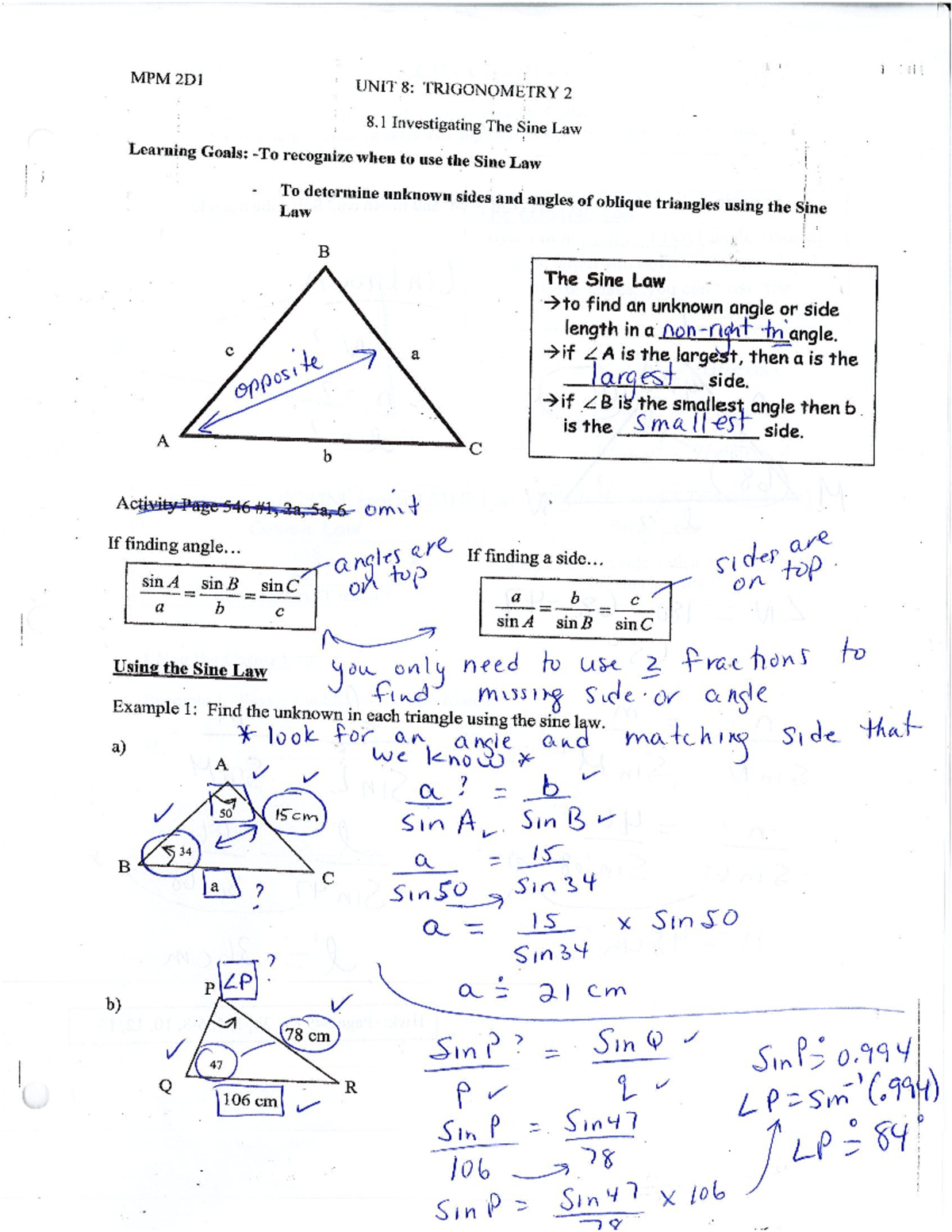 MPM 2D1 Lesson 8: Exploring the Sine Law in Trigonometry - Studocu