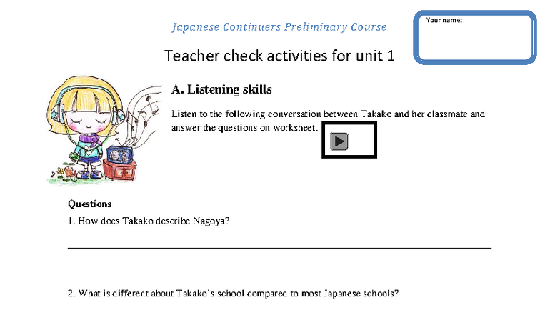 Japanese Continuers Preliminary Course Unit 1 Activities and Worksheets ...