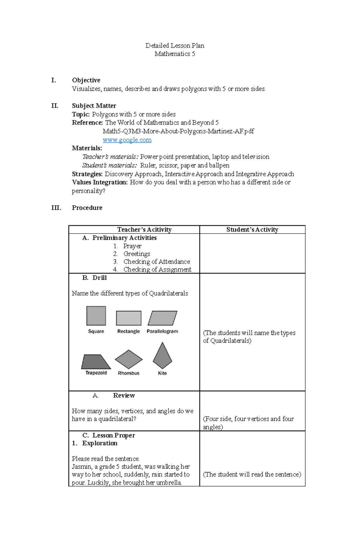 Semi detailed lesson plan - Detailed Lesson Plan Mathematics 5 I ...