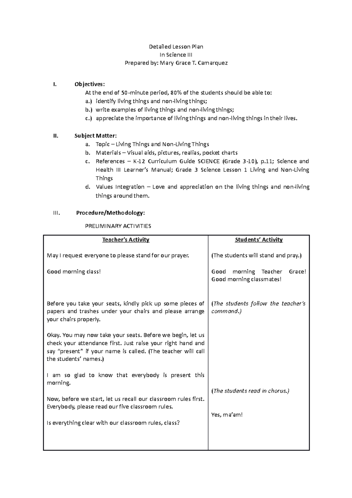 Science III Detailed Lesson Plan on Living and Non-Living Things - Studocu