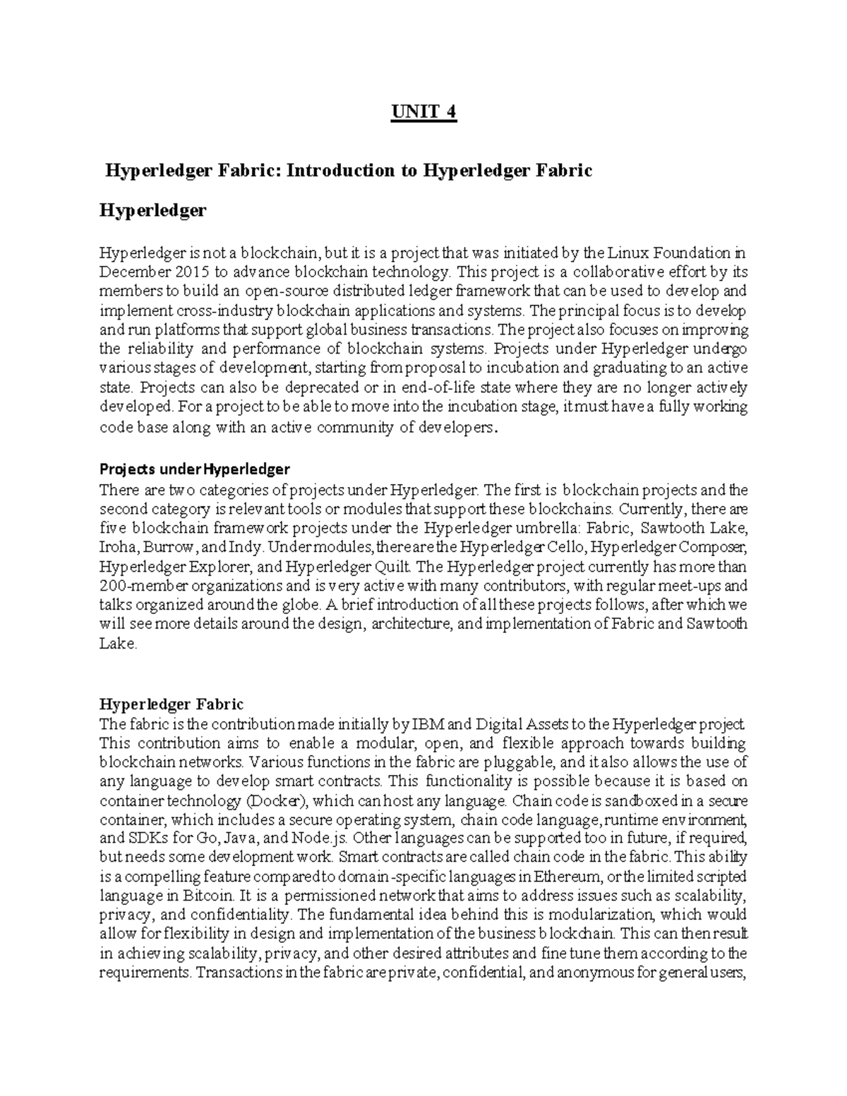 Unit 4: Introduction to Hyperledger Fabric and Its Projects - Studocu