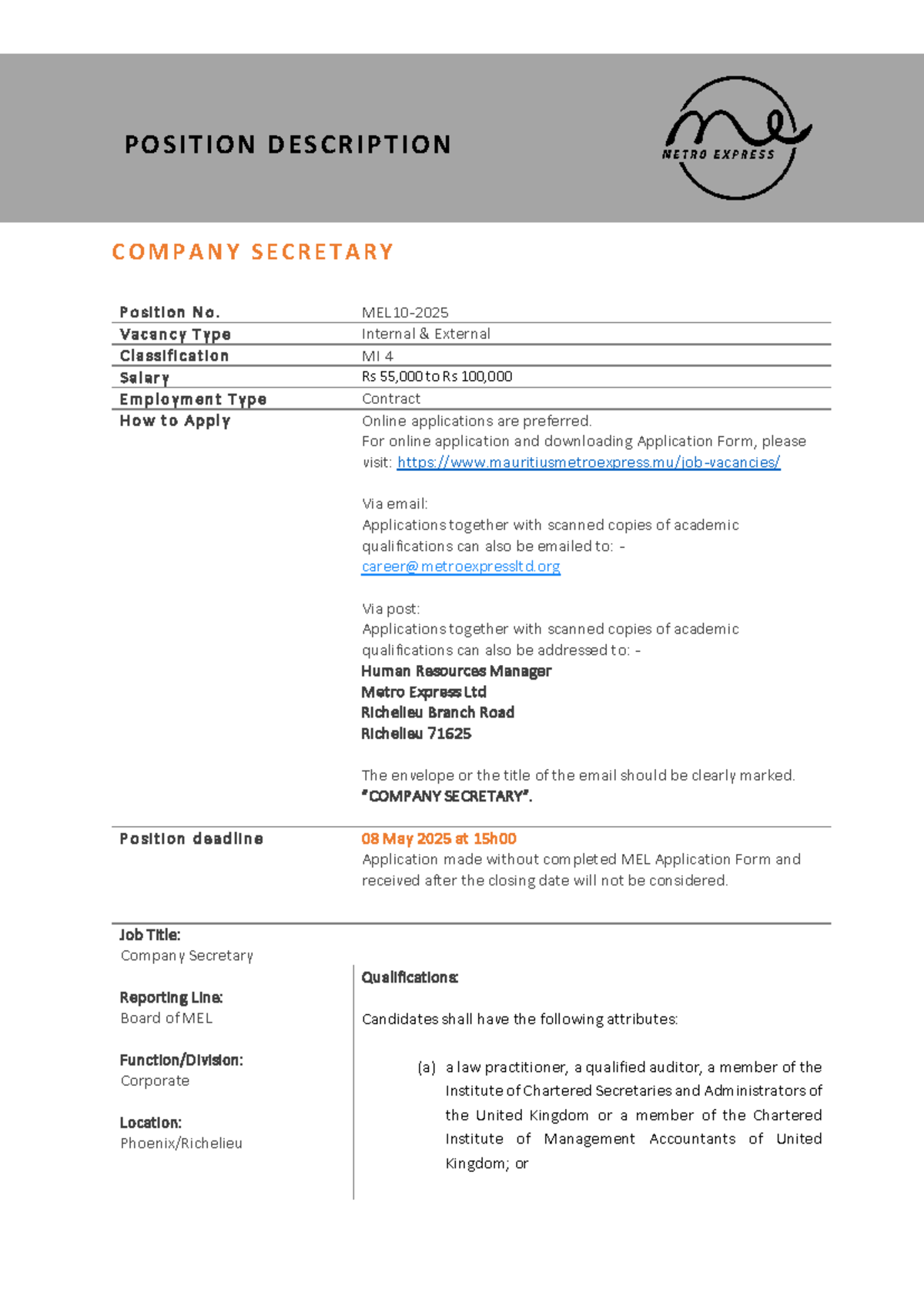 Grade 4 Company Secretary Position Description and Application Details ...