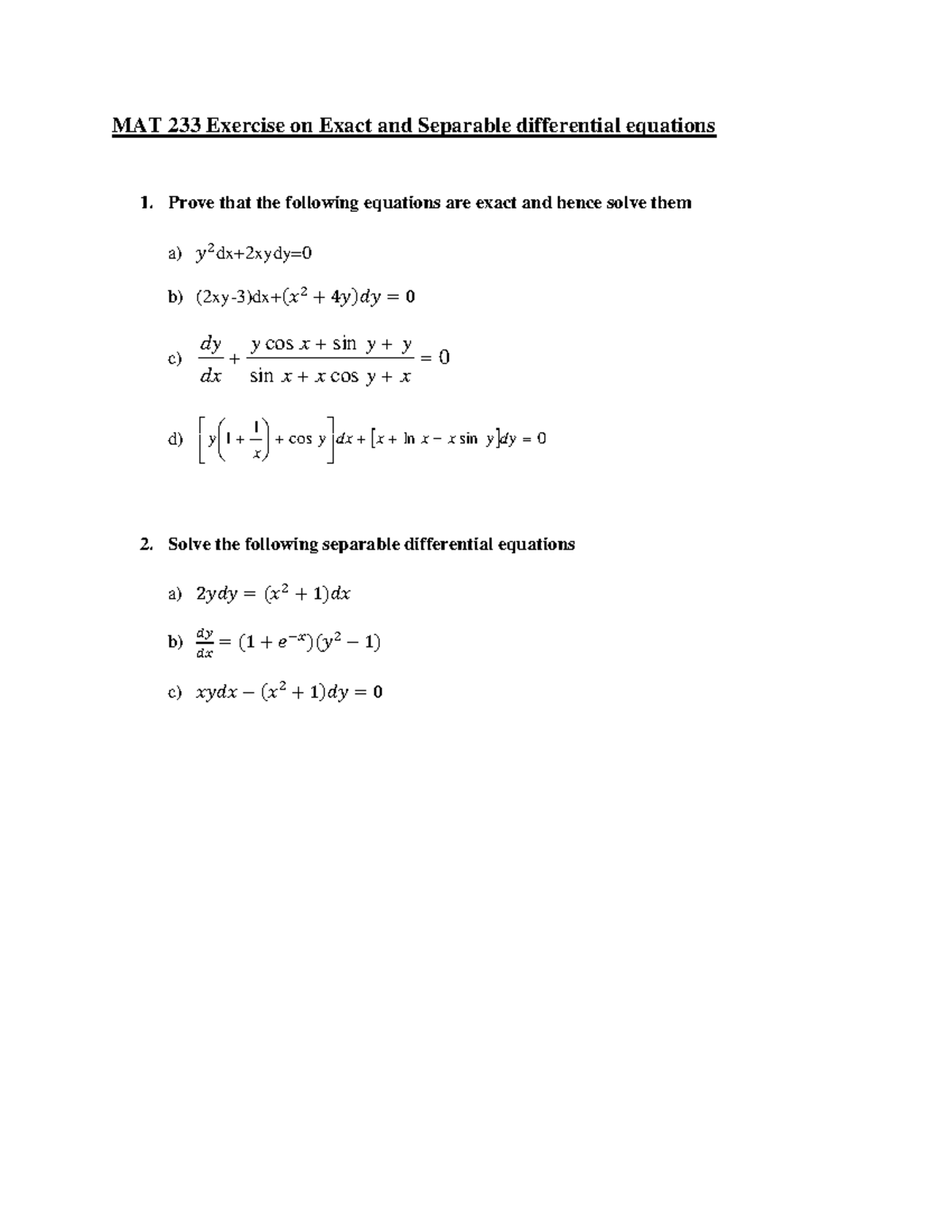MAT 233 Exercise on Exact and Separable differential equations - Solve ...