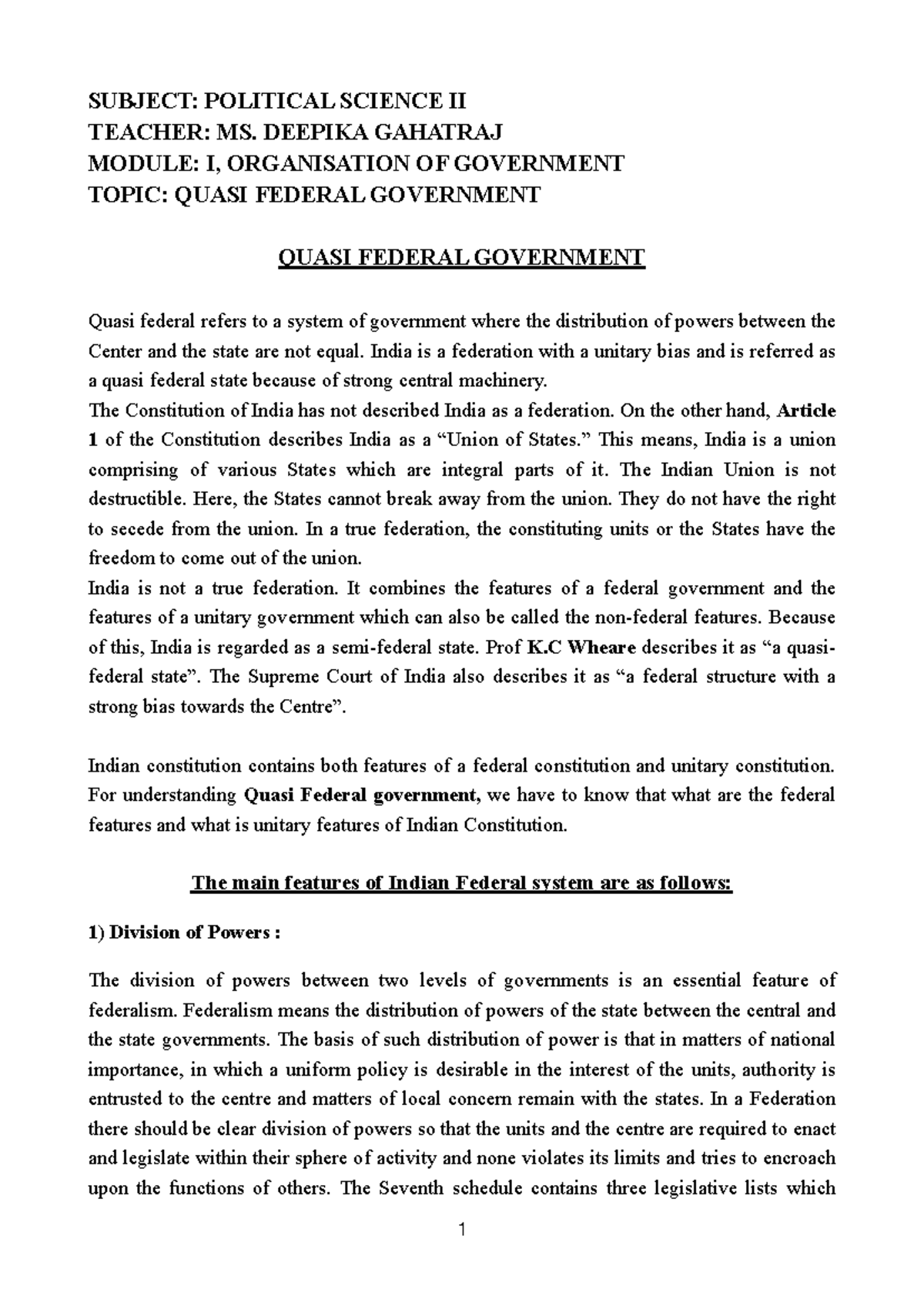 Quasi-Federalism in India: An Analysis - PS II Lecture Notes - Studocu