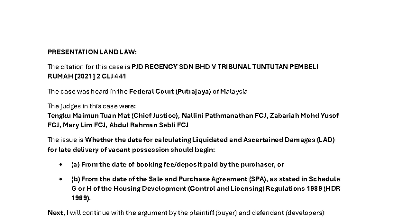 Presentation on LAND LAW II: PJD Regency Sdn Bhd v Tribunal Tuntutan ...