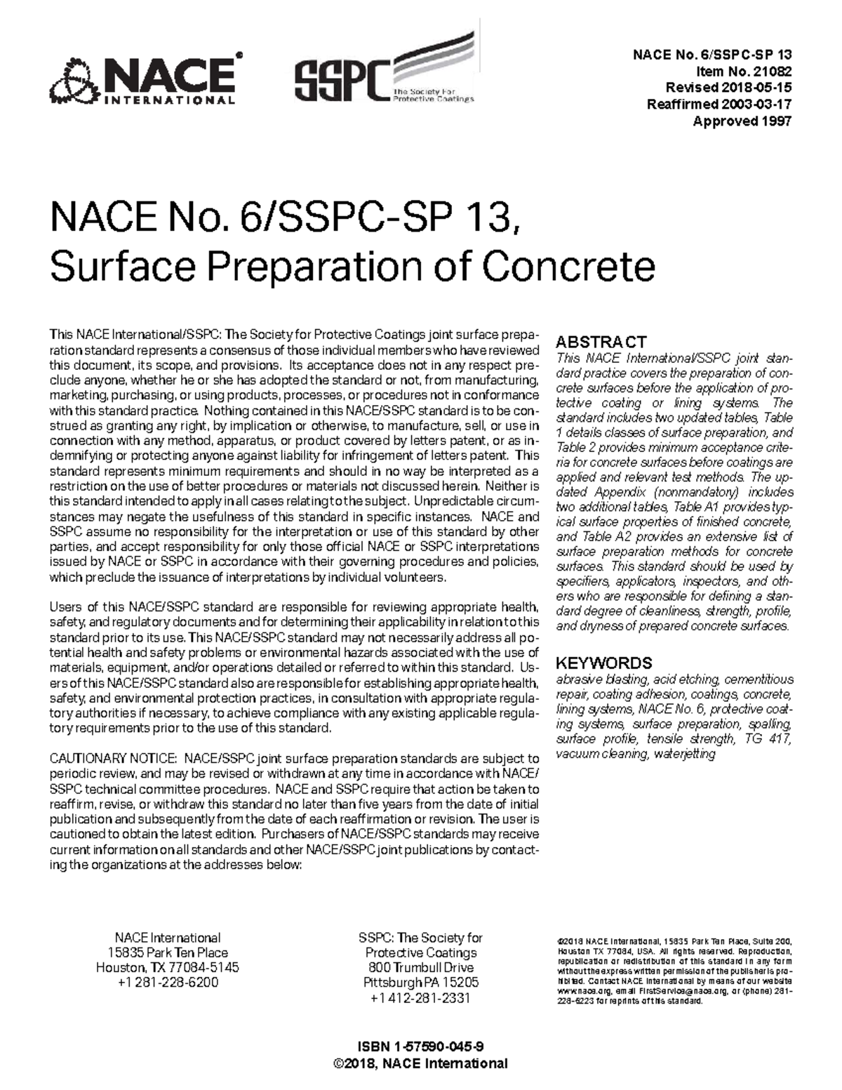 NACE No. 13: Surface Preparation of Concrete Standards (Revised 2018 ...