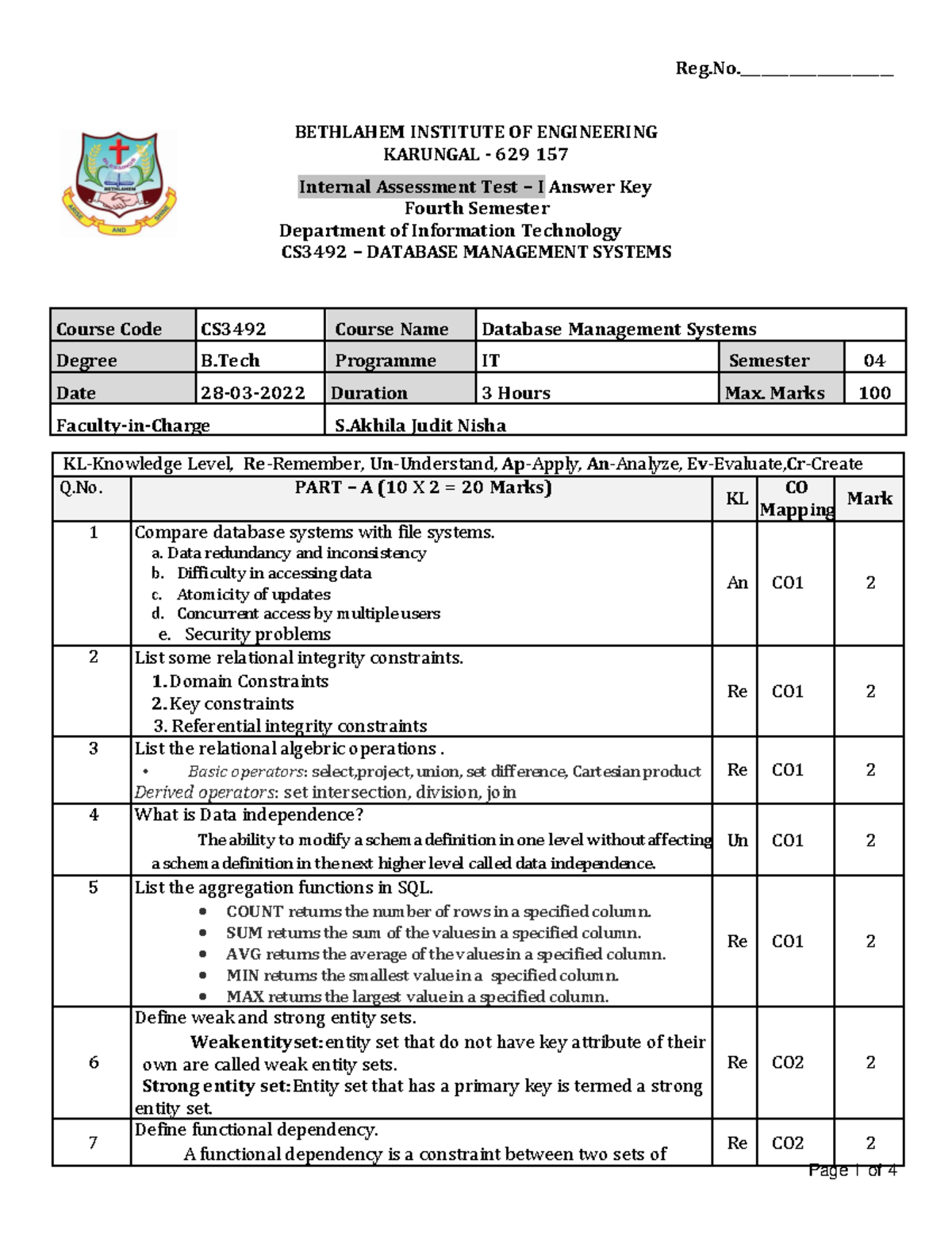IAT1 CS3492 DBMS Answer Key - Important Questions for 4th Sem IT - Studocu