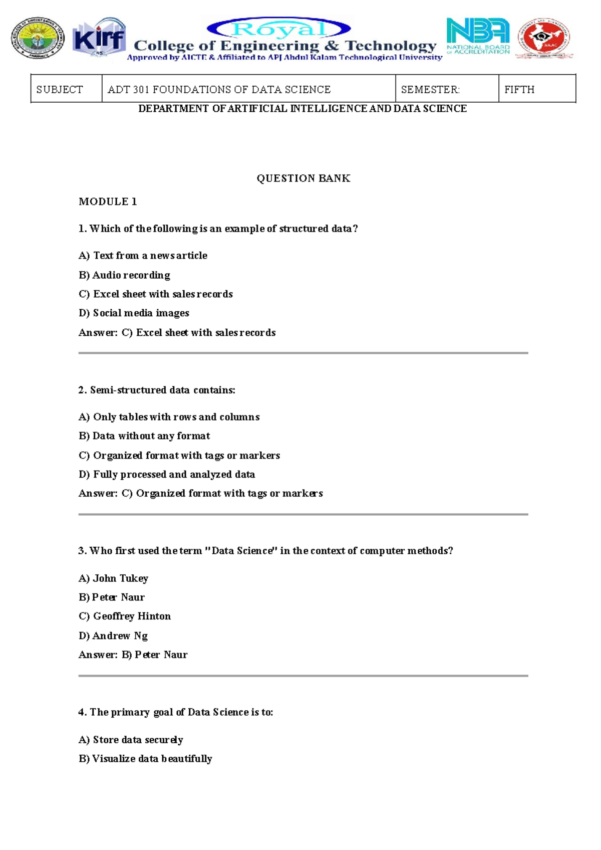 MCQ-FDS ADT 301 Foundations of Data Science Question Bank - Studocu