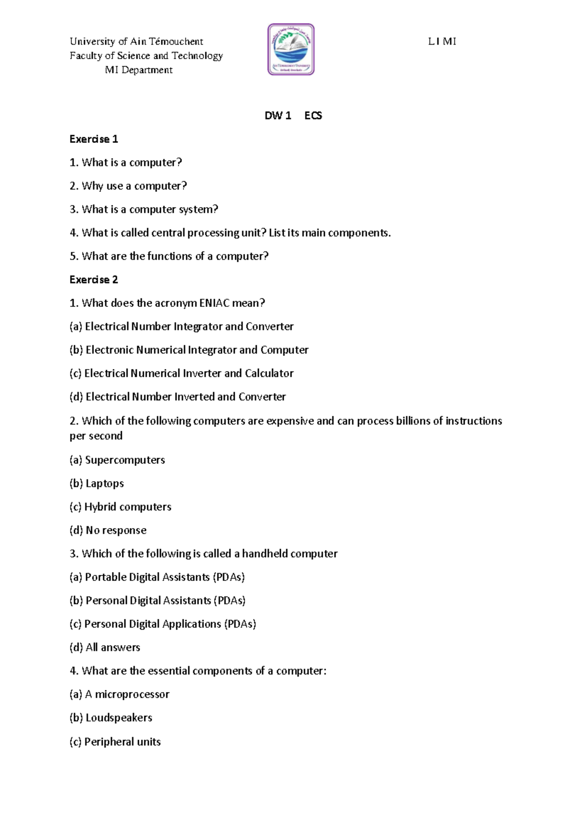 MI L1 DW 1 ECS Exercise 1 & 2: Intro to Computers and Systems - Studocu
