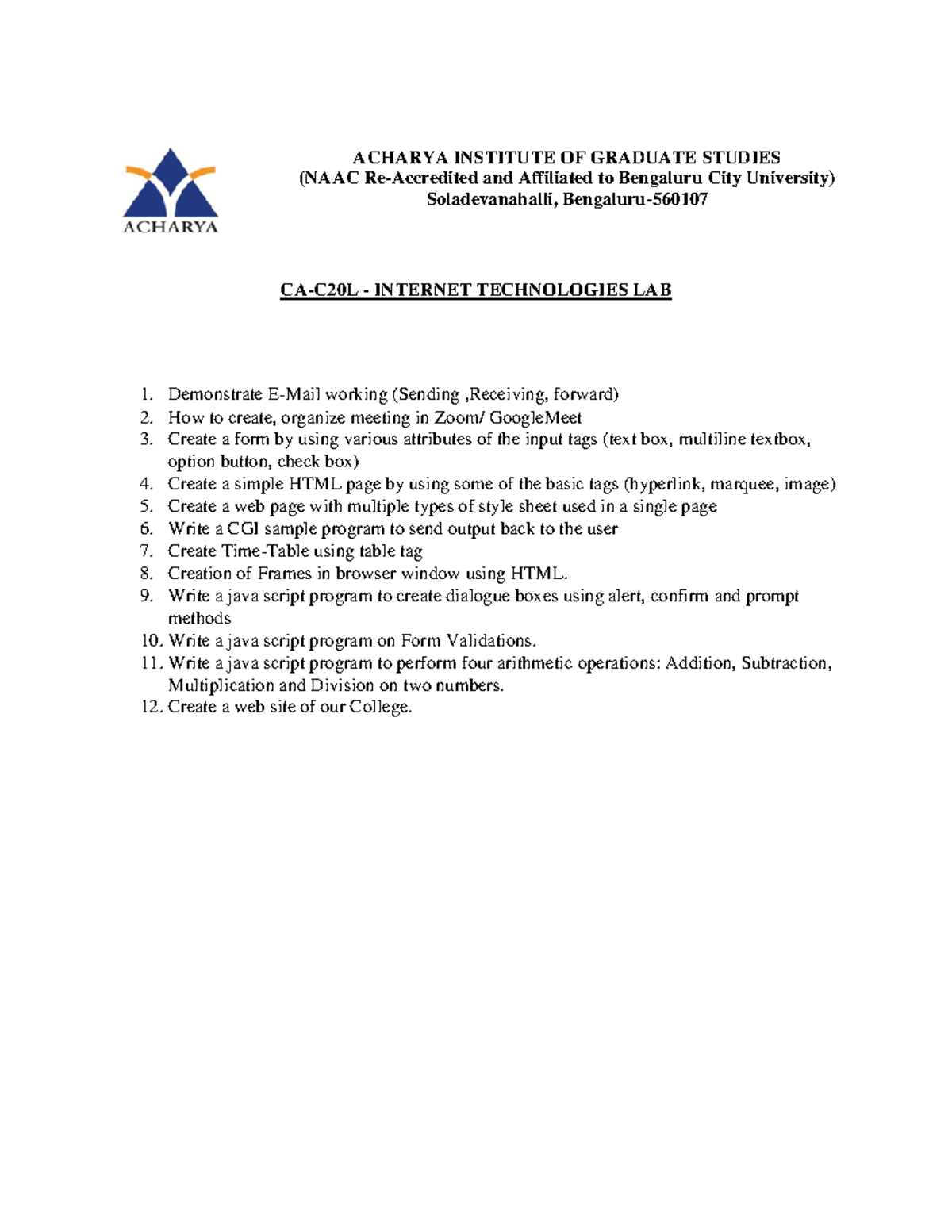 Internet Technologies Lab Manual - CA-C20L Guide to E-Mail & Web Development - Studocu